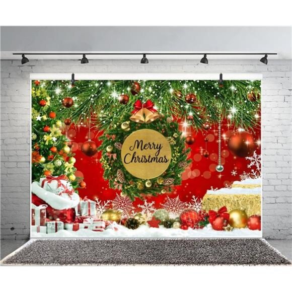 Wall Decor | 5x3ft Merry Christmas Backdrop Sparkling Light Red ...